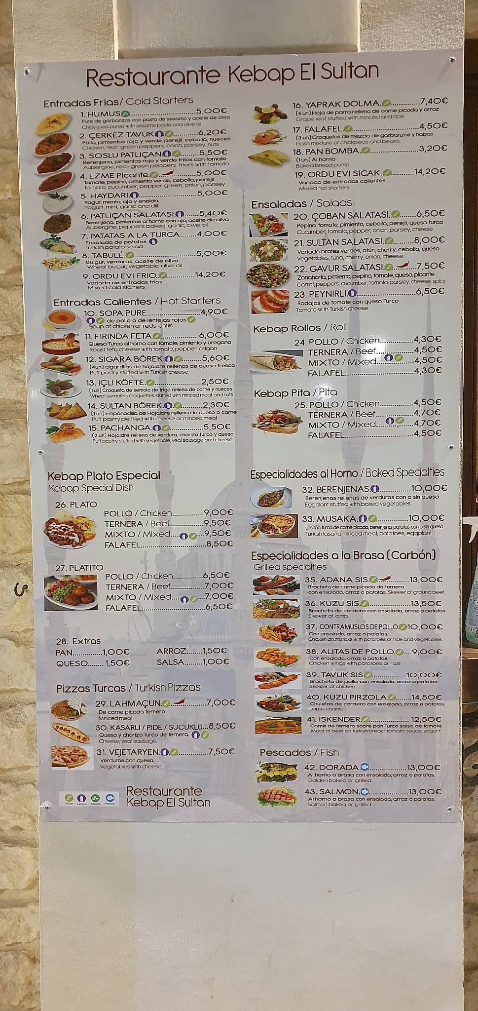 Carta del restaurante El Sultán, Alicante