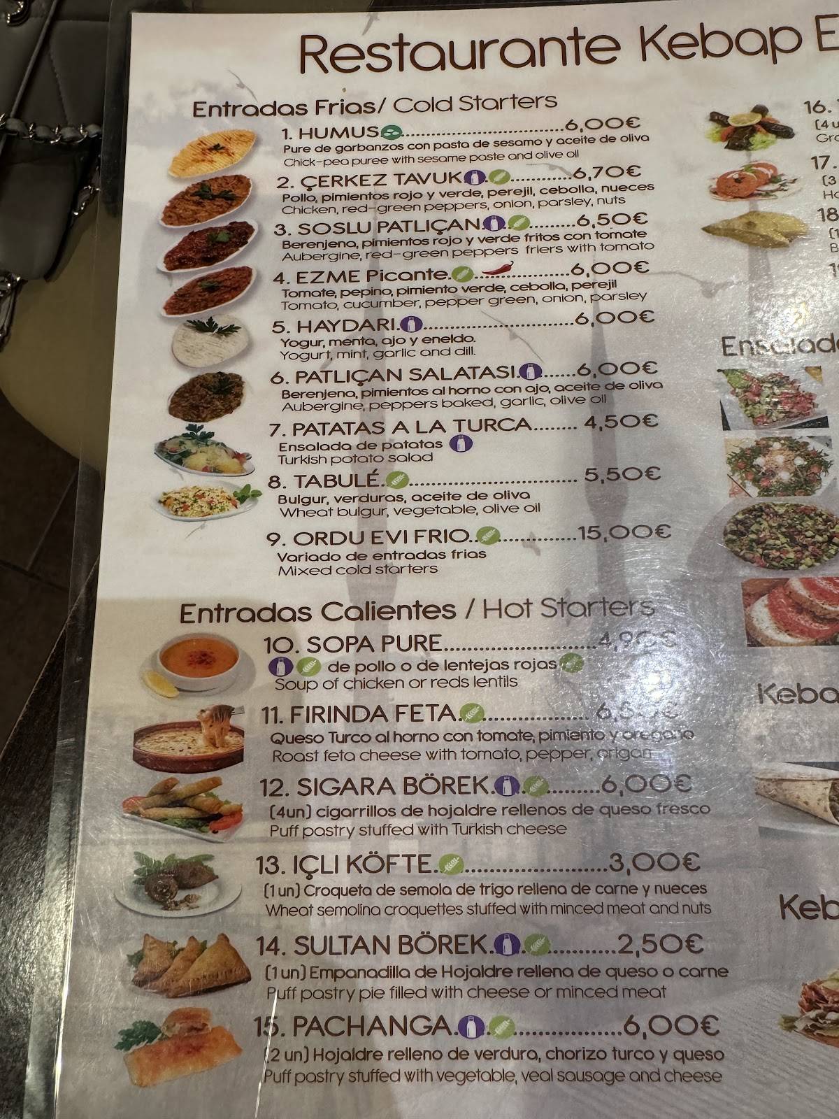 Carta del restaurante El Sultán, Alicante