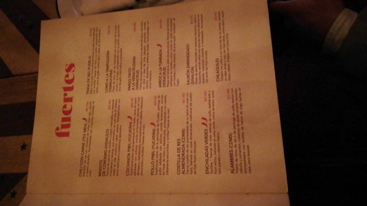Carta del restaurante El Techo Mexicano, Bogotá