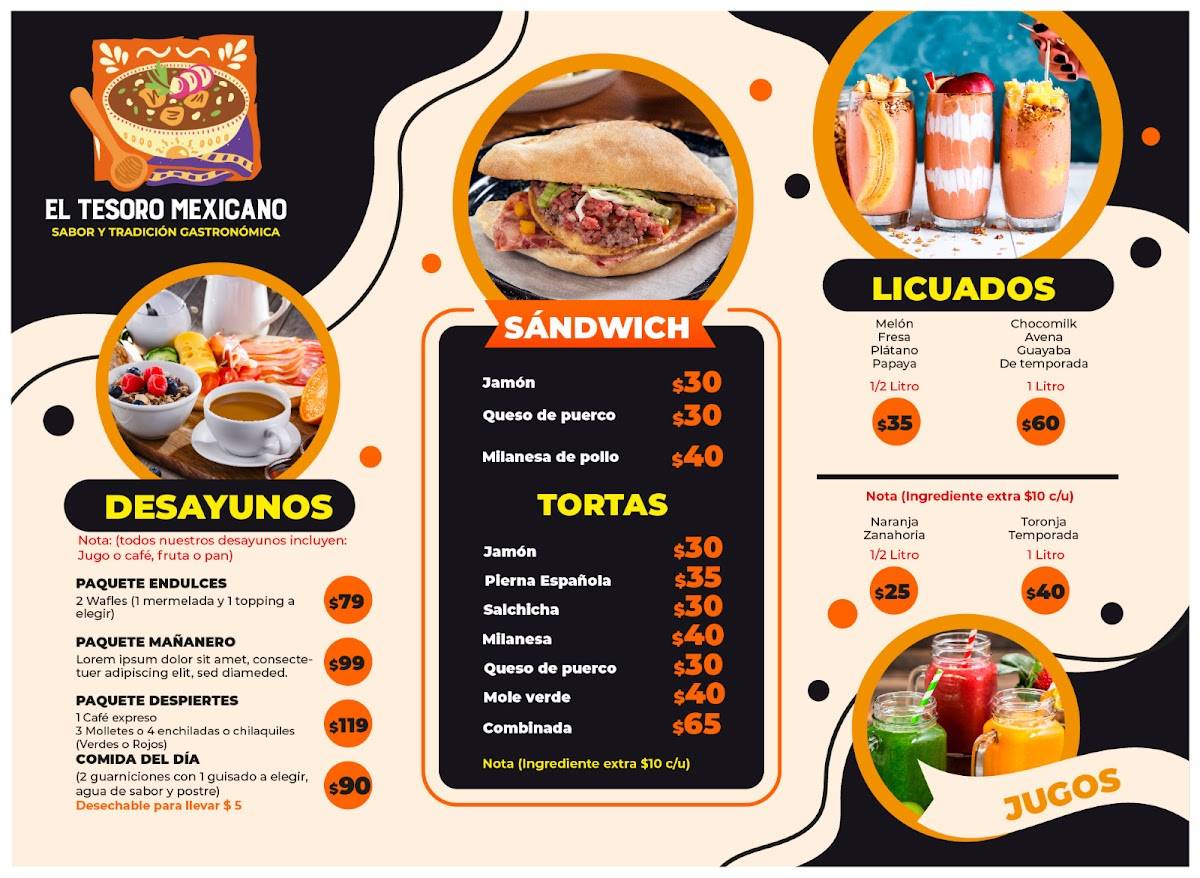 Menu at El Tesoro Mexicano restaurant, Toluca