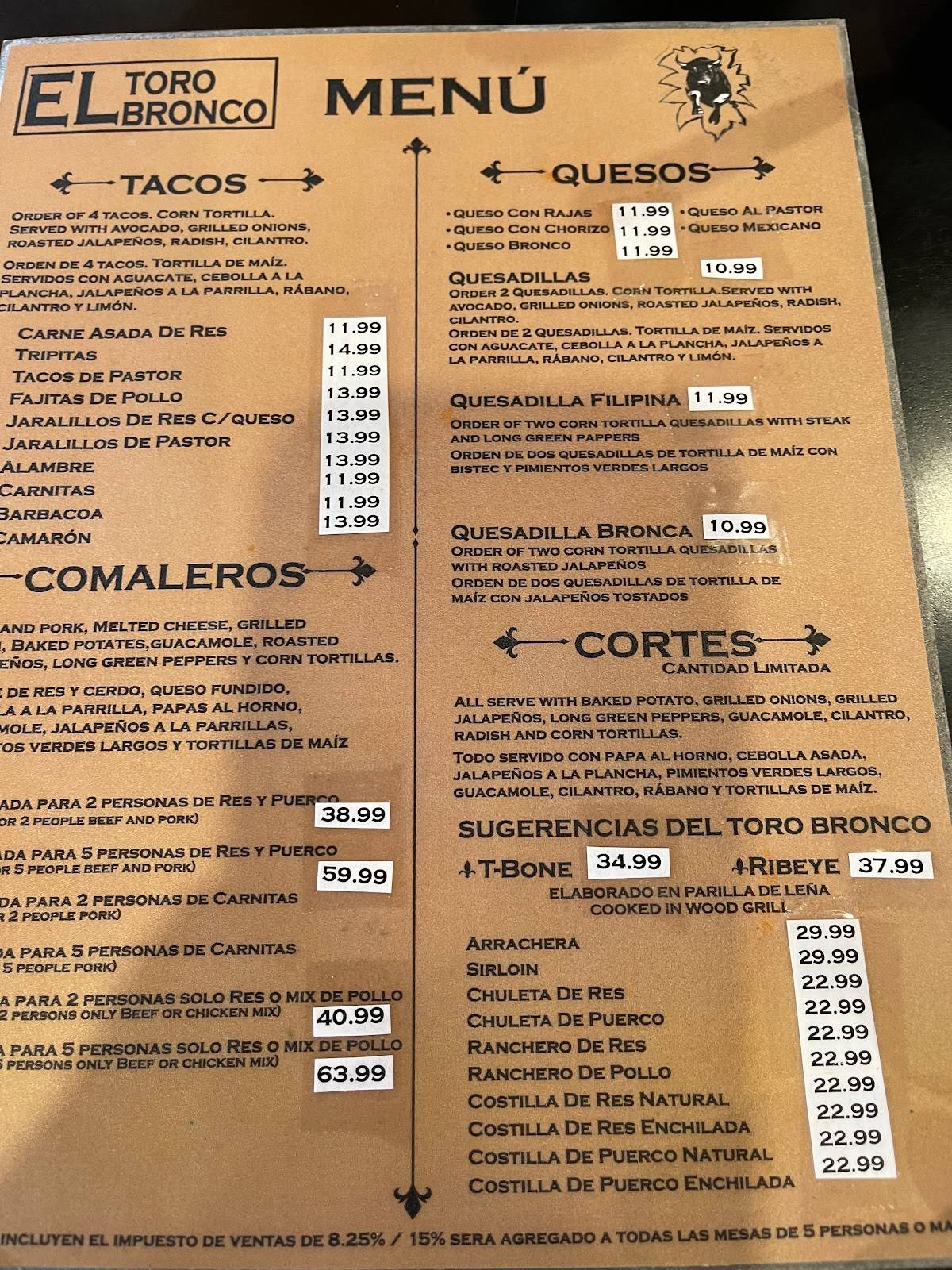 Menu at El Toro Bronco restaurant, El Paso, Dyer St