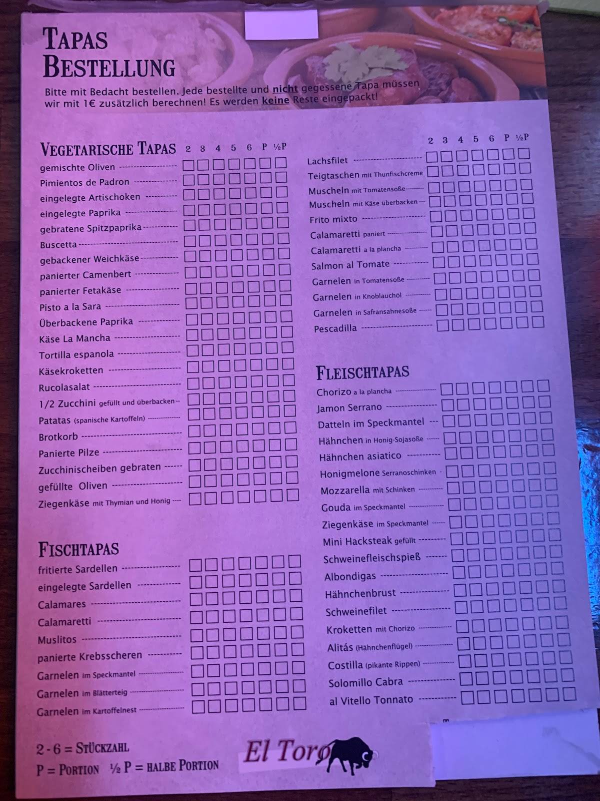 Speisekarte von El Toro restaurant, Minden