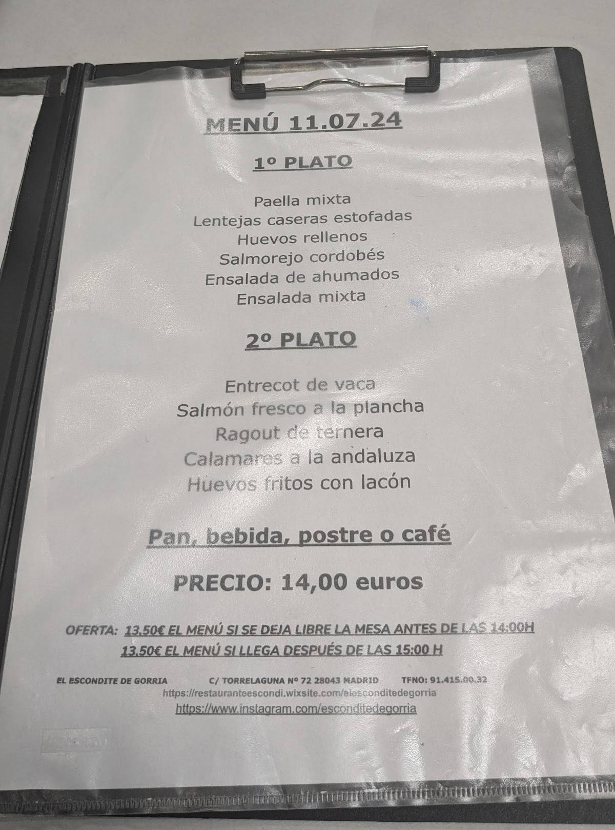 Carta del restaurante El escondite del Gorria, Madrid, C. del Torrelaguna