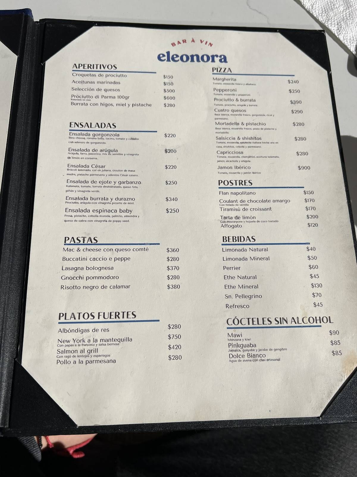 Menu at Eleonora Bar à Vin, Chihuahua