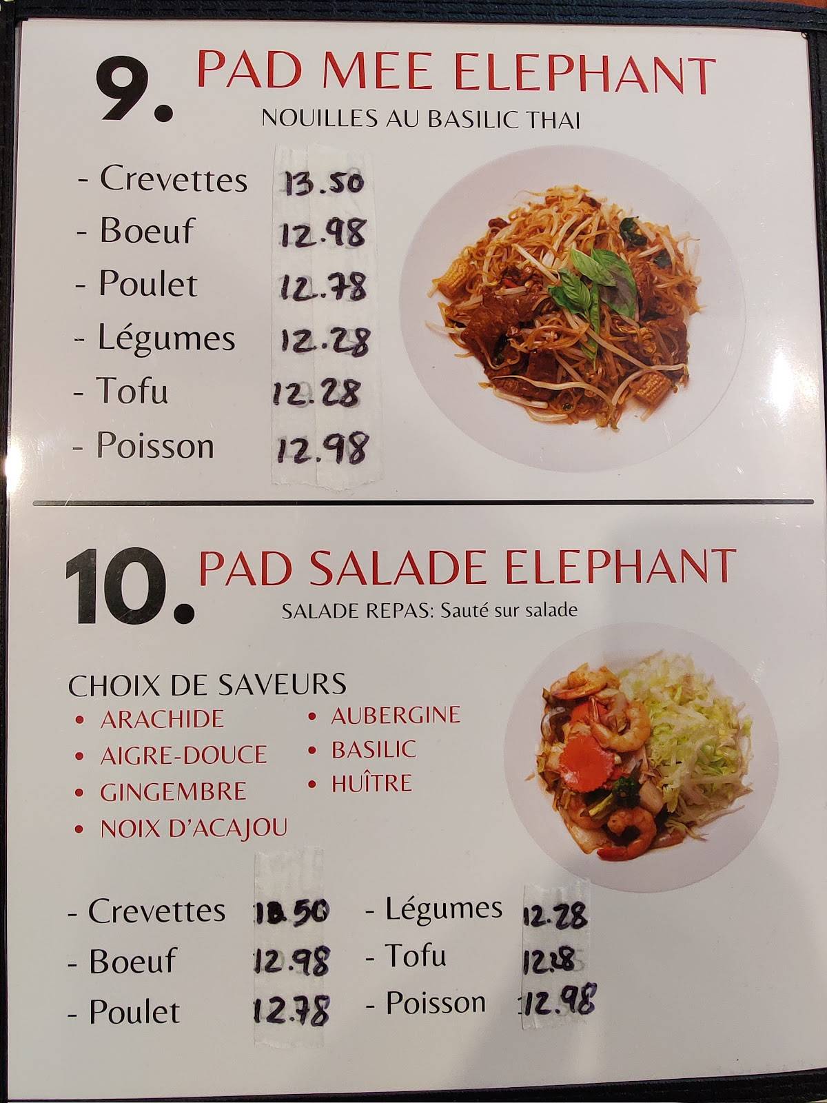 Menu au Elephant Thai restaurant, Montréal