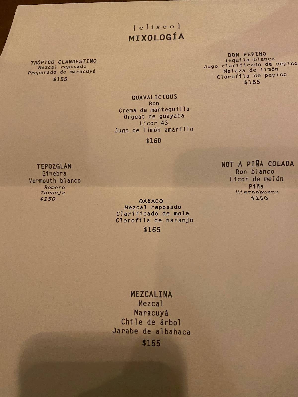 Carta de Eliseo Restaurante, Villahermosa