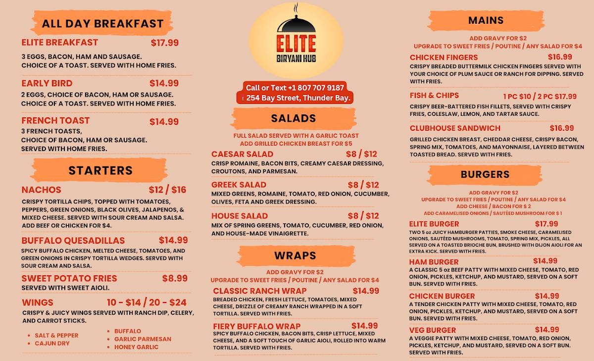 Menu at Elite Biryani Hub restaurant, Thunder Bay