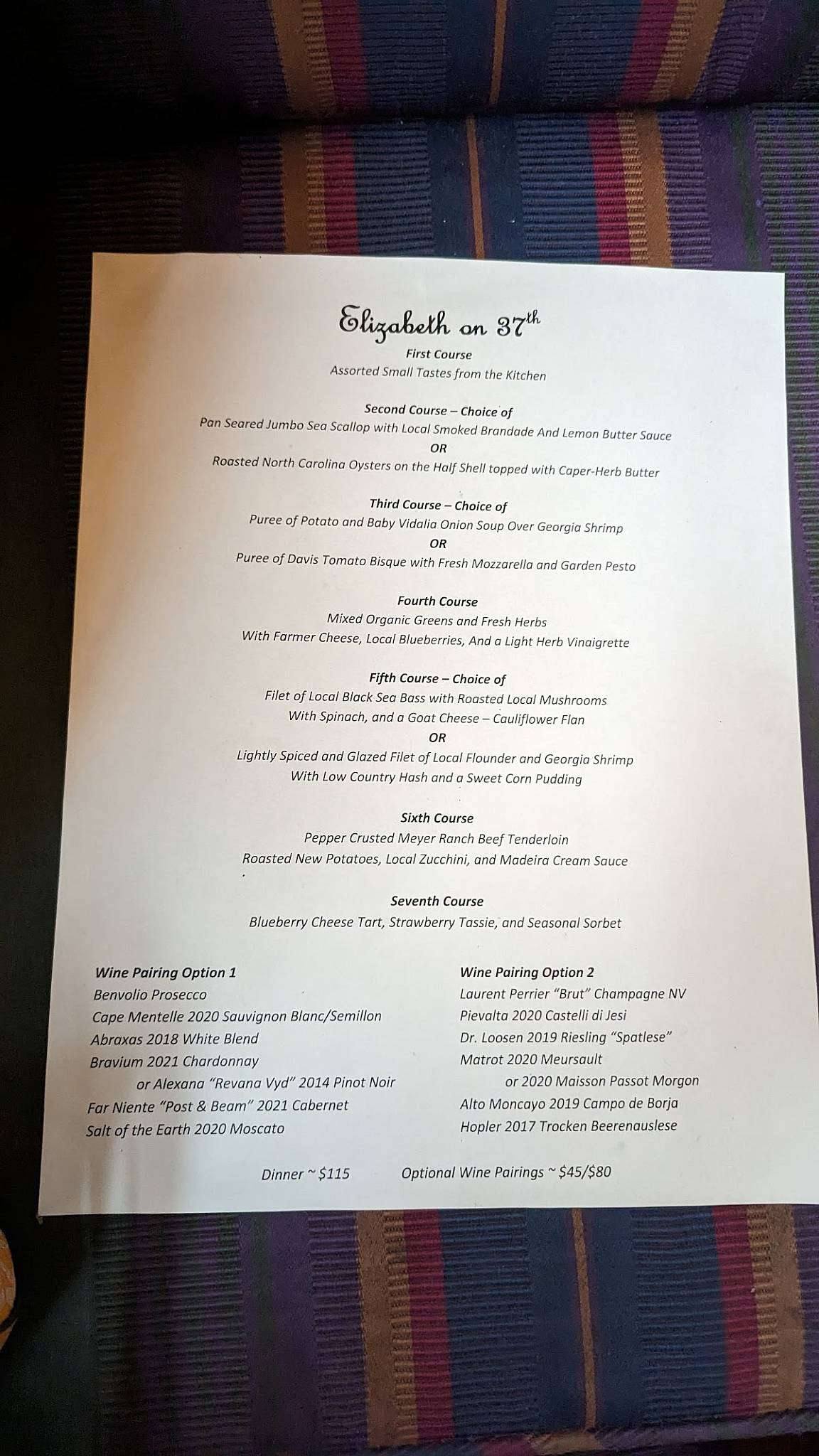 Menu at Elizabeth's on 37th restaurant, Savannah