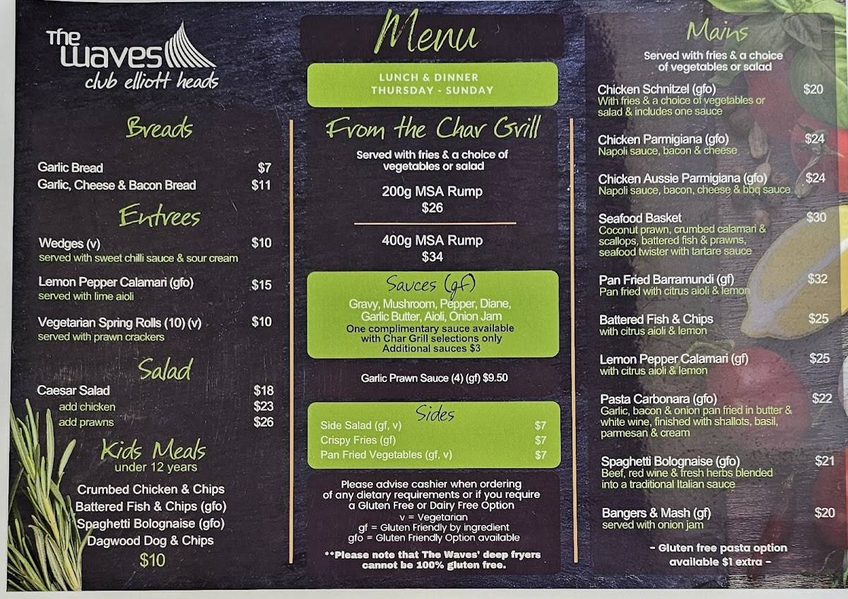 Menu at Elliott Heads Bowls Club, Elliott Heads