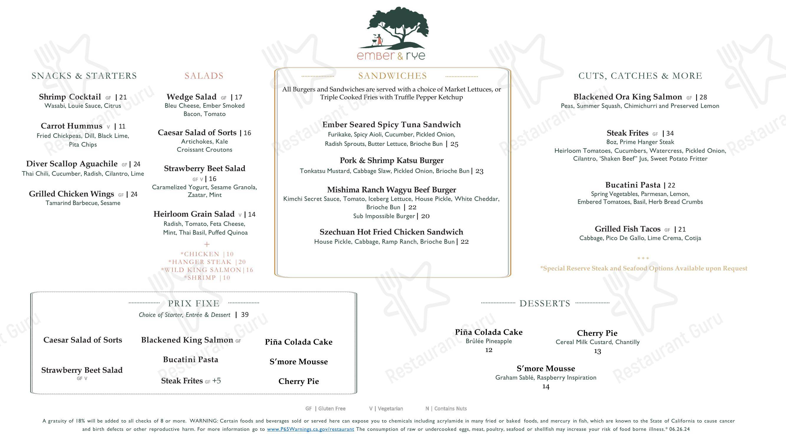 Menu at Ember & Rye steakhouse, Carlsbad