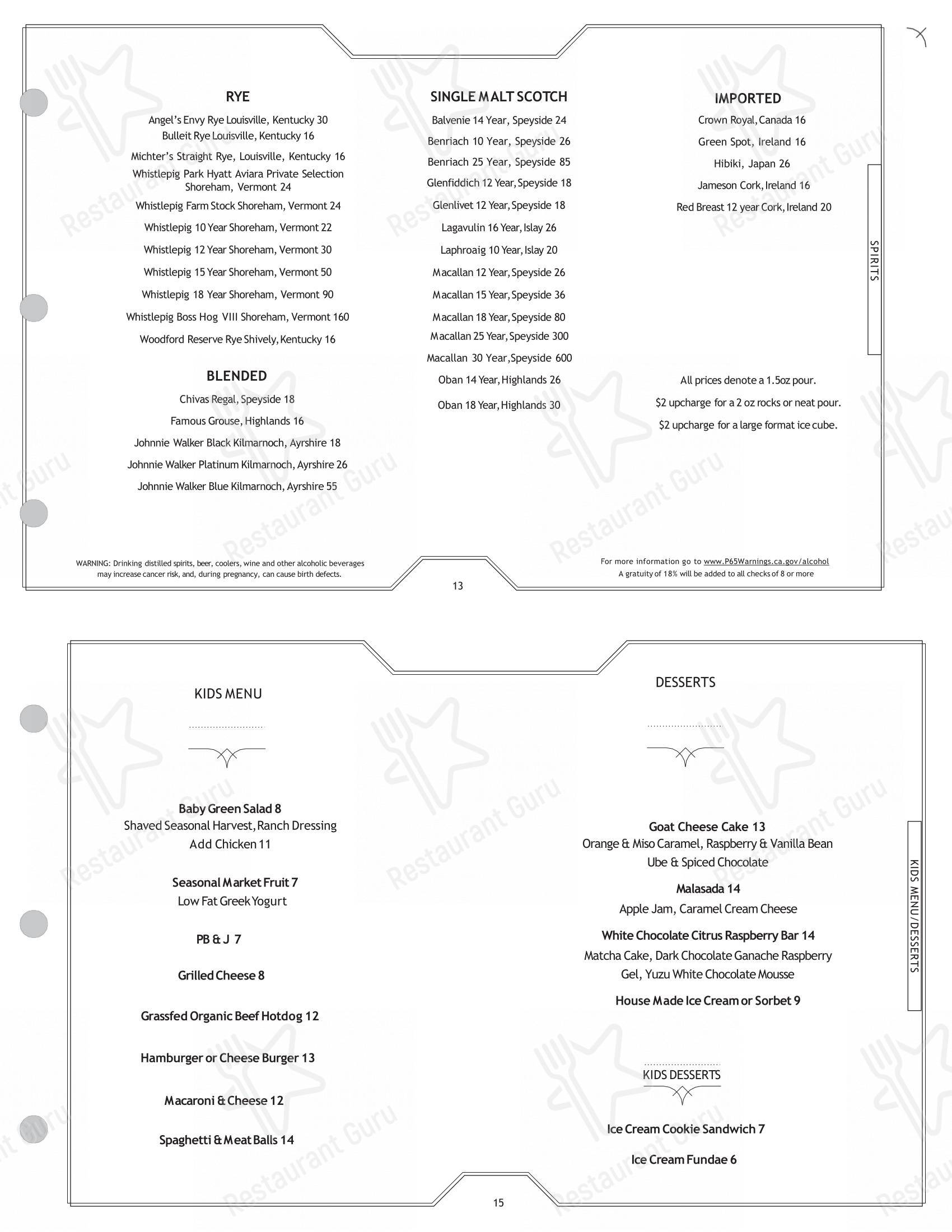 Menu at Ember & Rye steakhouse, Carlsbad