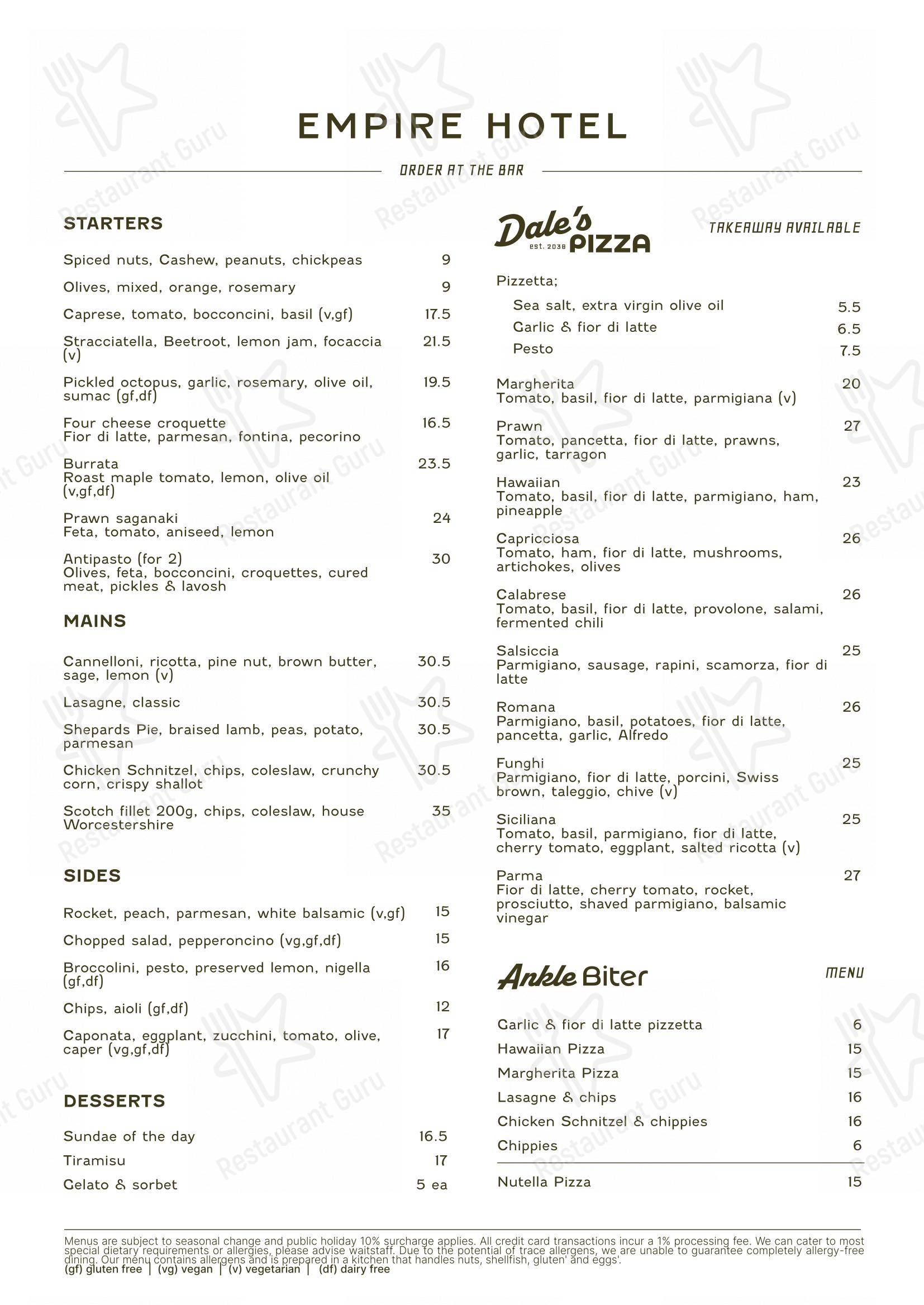 Menu at Empire Hotel pub & bar, Annandale