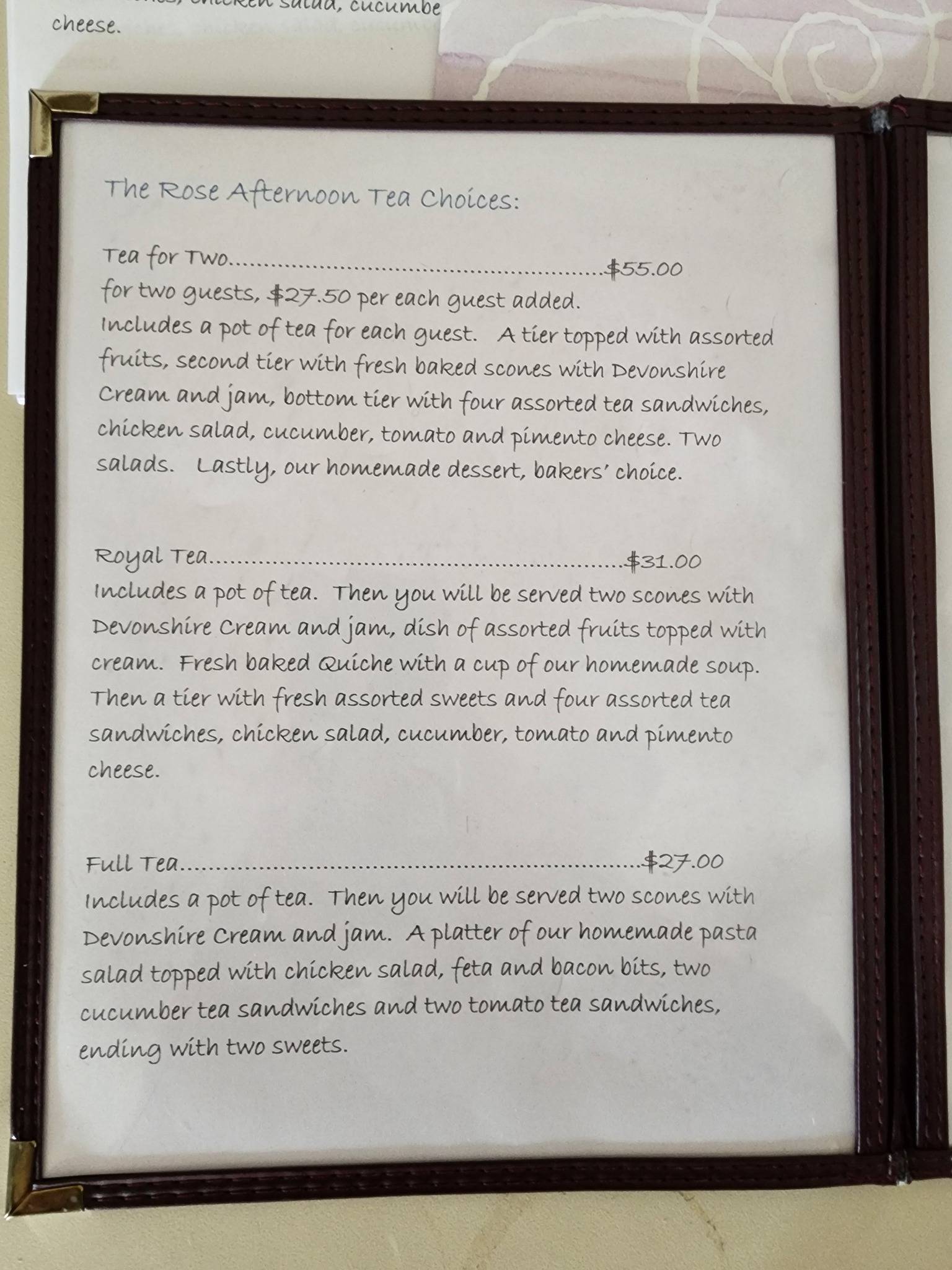 Menu at English Rose Tea Room cafe, Virginia Beach