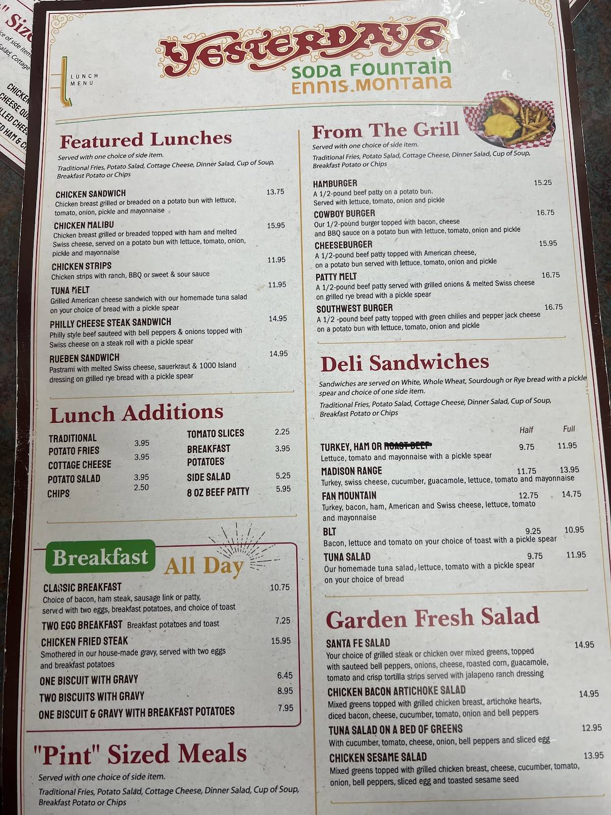 Menu at Yesterday's Soda Fountain and Restaurant, Ennis