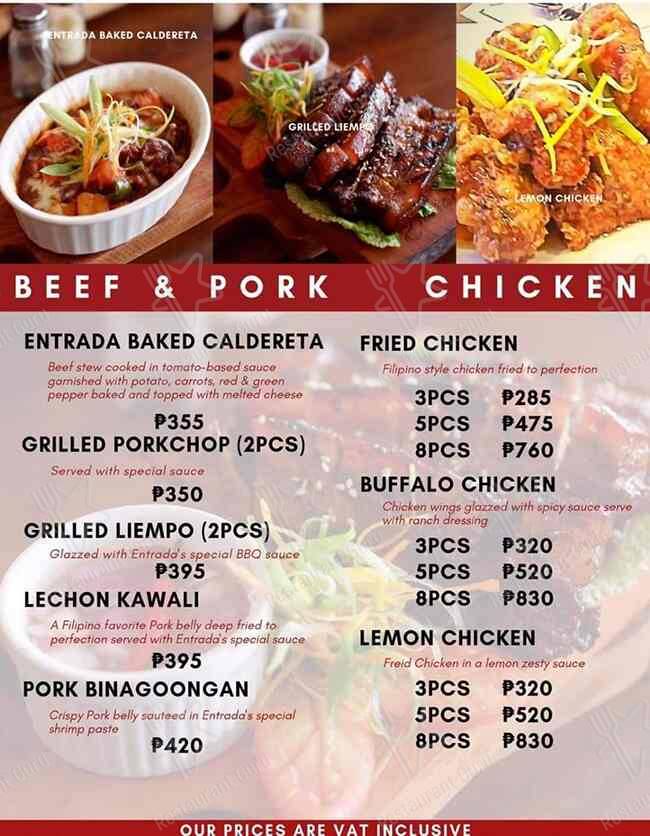 Menu at Entrada restaurant, Tagaytay, 4W3P+84W