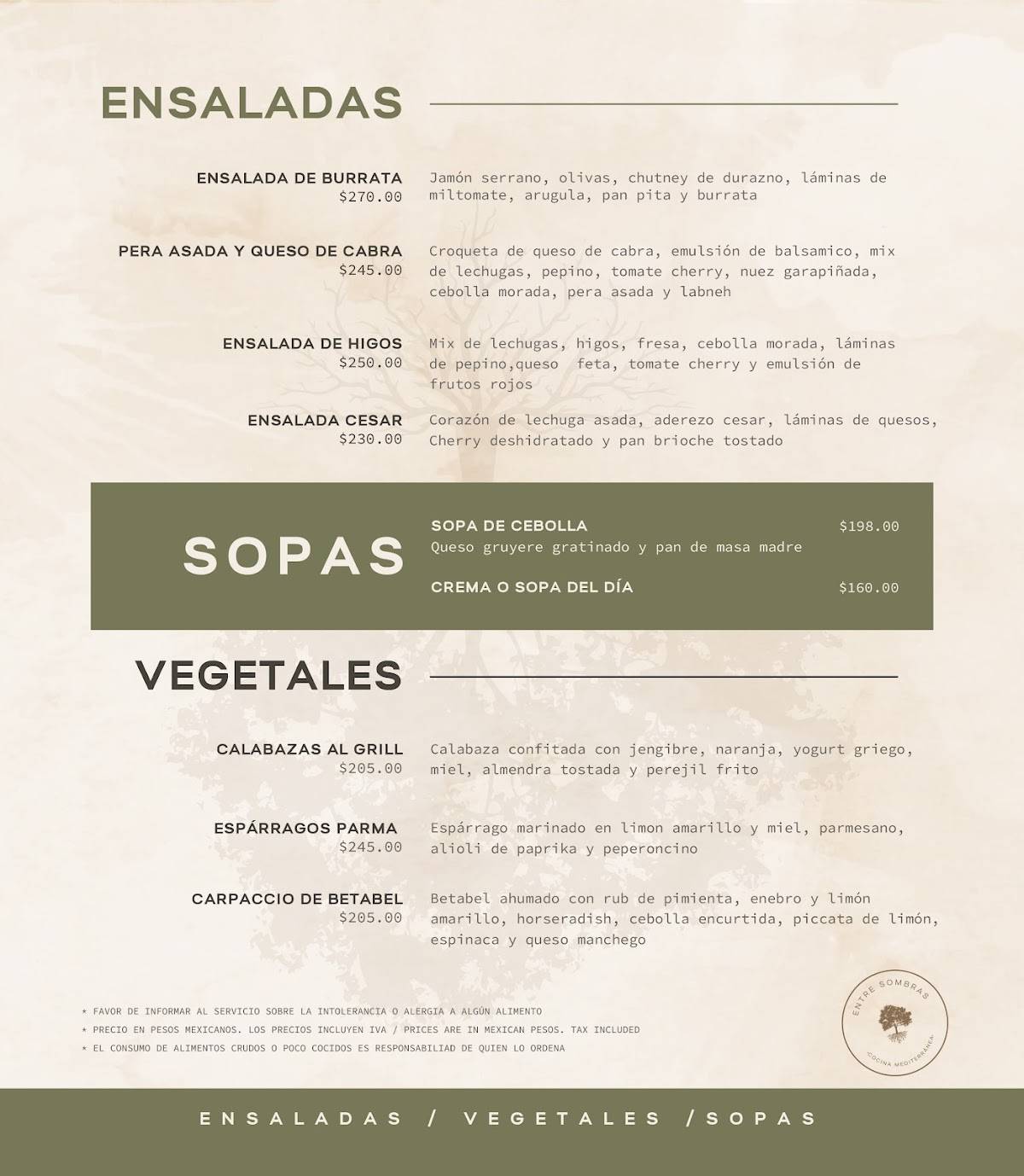 Menu at Entre sombras restaurant, Oaxaca