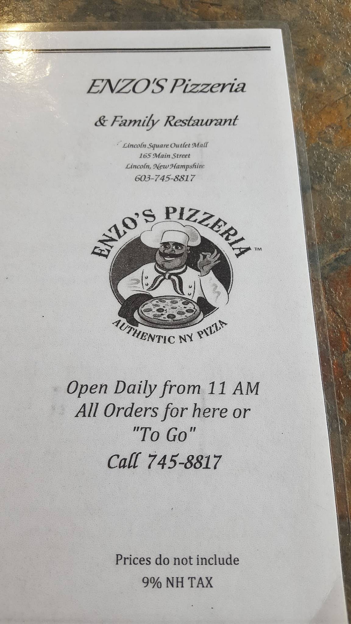 Menu at Enzo’s Pizzeria & Restaurant, Lincoln