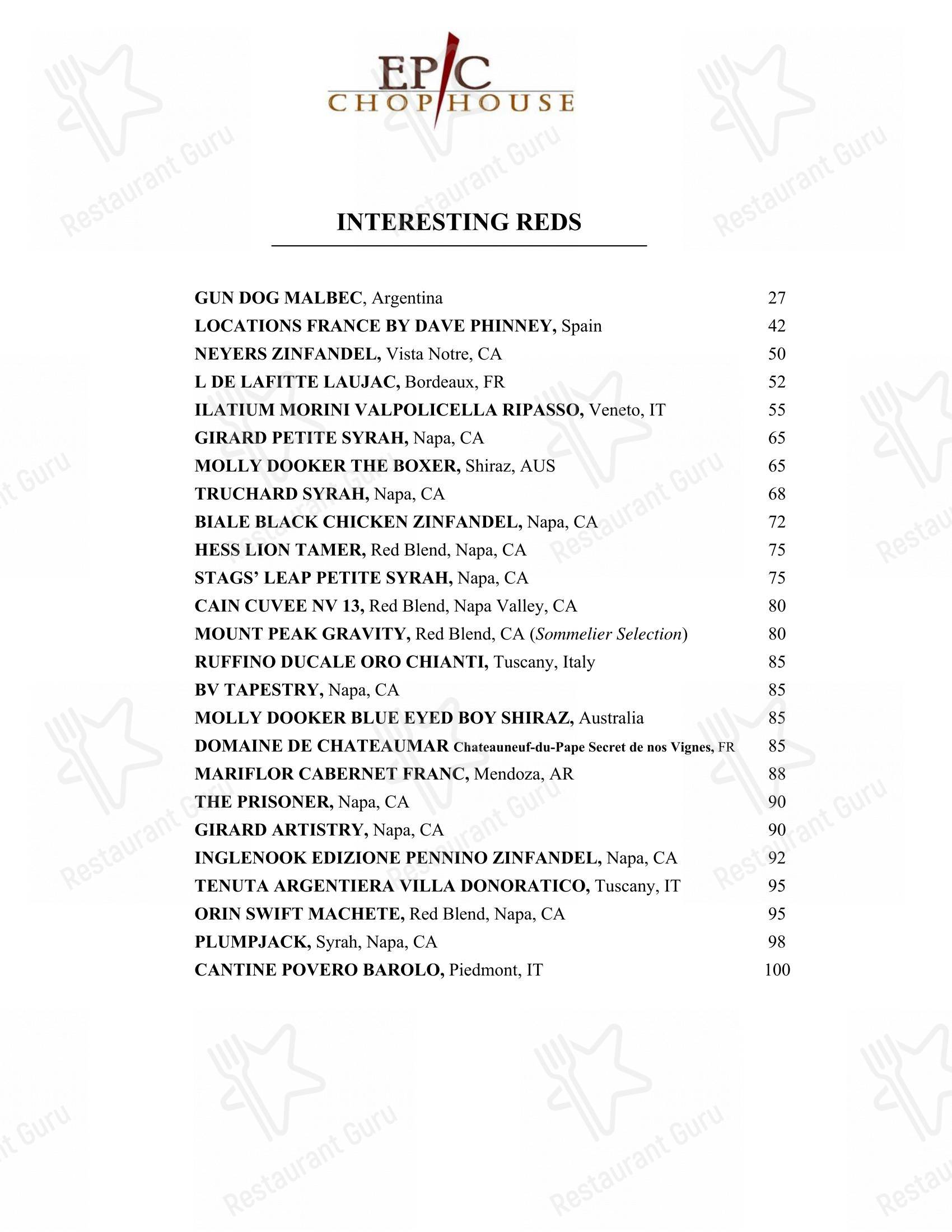 Menu at Epic Chophouse at Kingsley pub & bar, Fort Mill