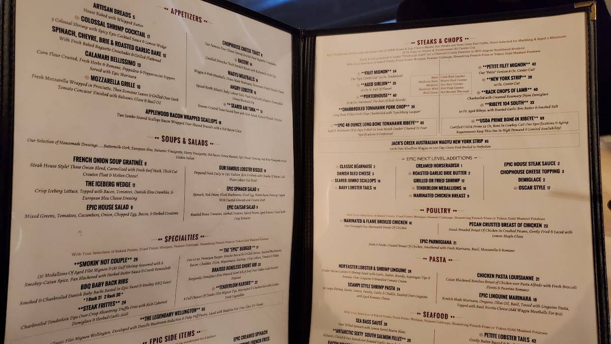Menu at Epic Chophouse at Kingsley pub & bar, Fort Mill