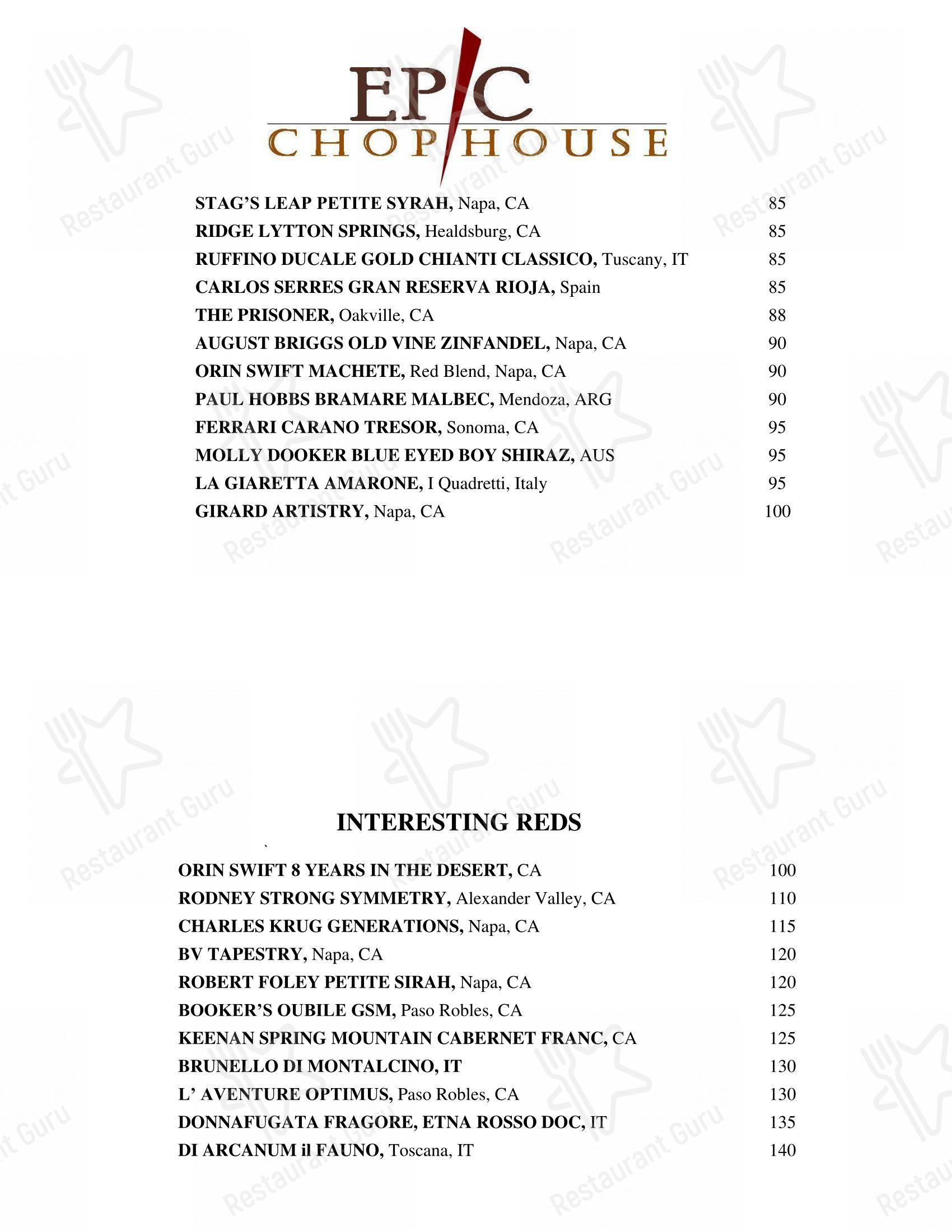Menu at Epic Chophouse at Kingsley pub & bar, Fort Mill