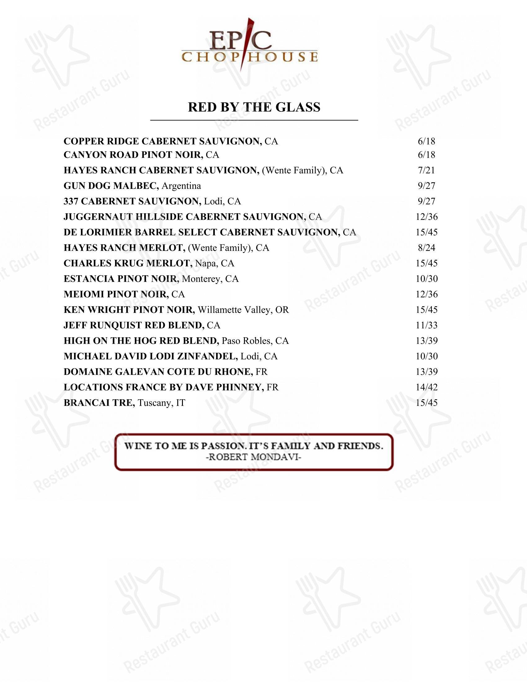 Menu at Epic Chophouse at Kingsley pub & bar, Fort Mill