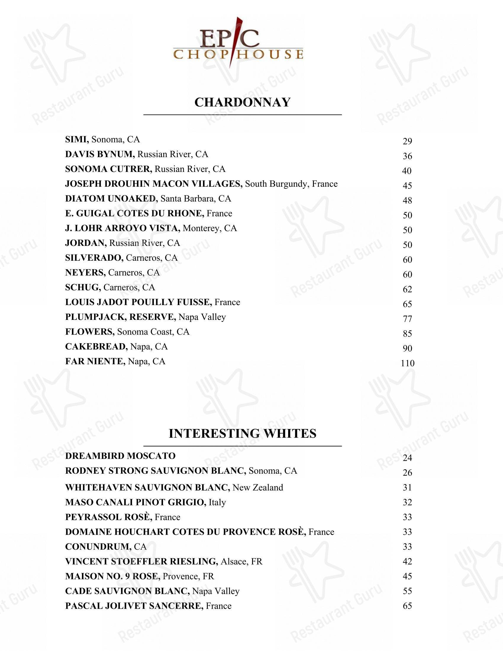 Menu at Epic Chophouse at Kingsley pub & bar, Fort Mill