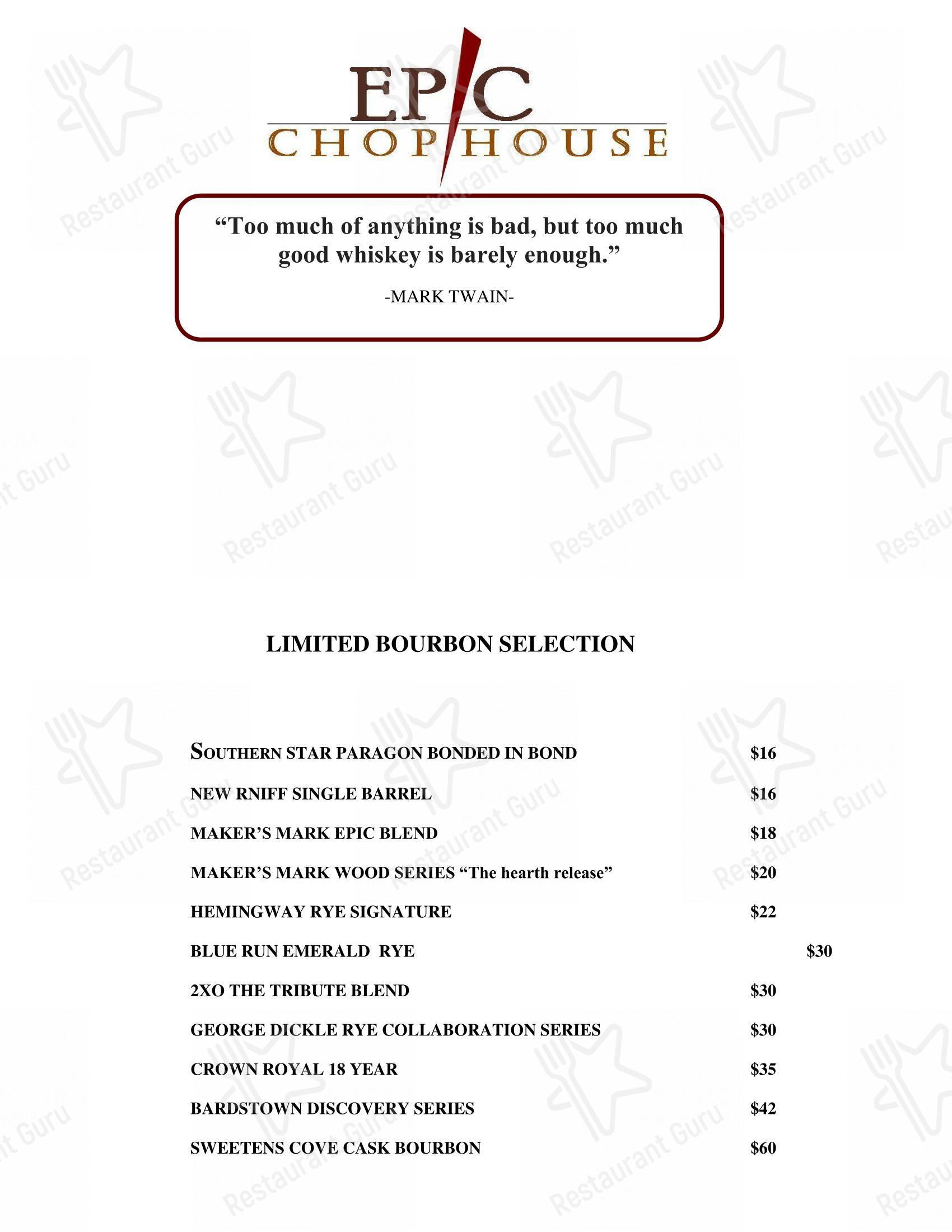 Menu at Epic Chophouse at Kingsley pub & bar, Fort Mill