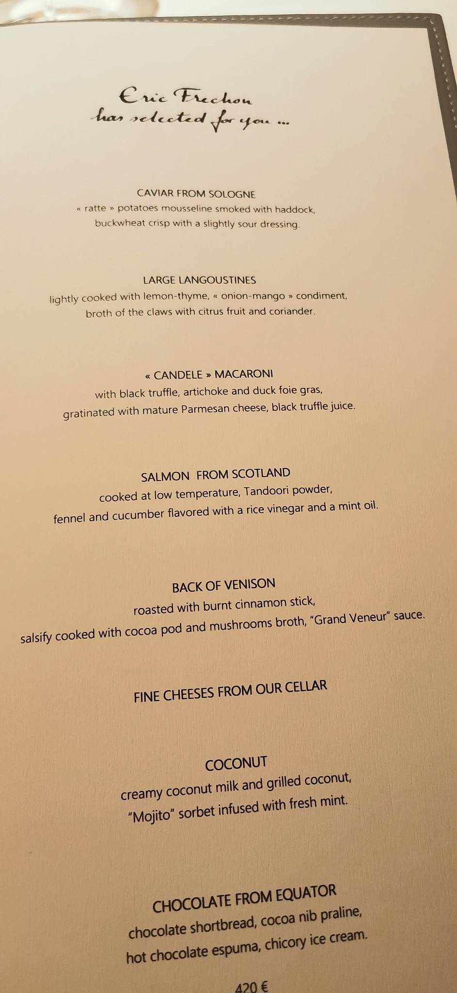 Menu at Epicure restaurant, Paris, 112 Rue du Faubourg Saint-Honoré