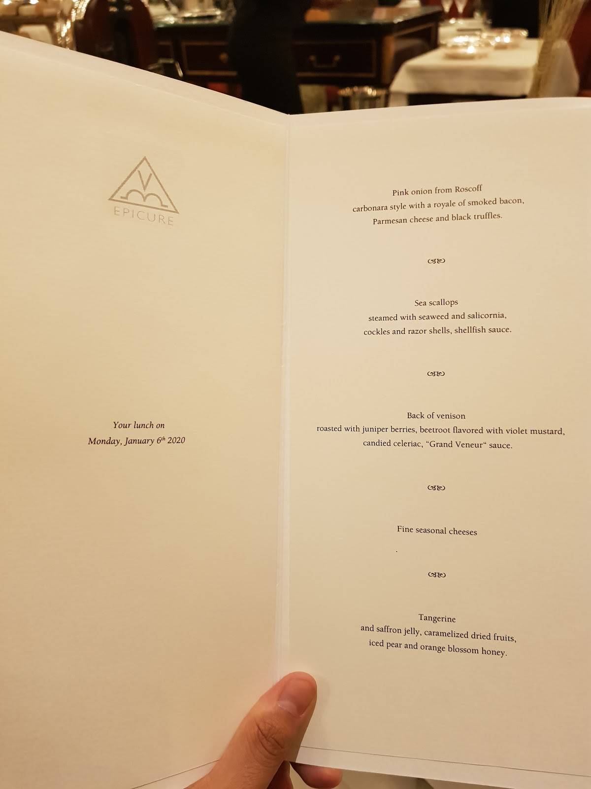 Menu at Epicure restaurant, Paris, 112 Rue du Faubourg Saint-Honoré