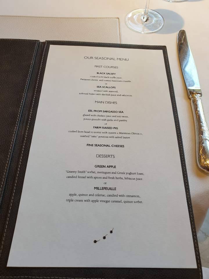 Menu at Epicure restaurant, Paris, 112 Rue du Faubourg Saint-Honoré