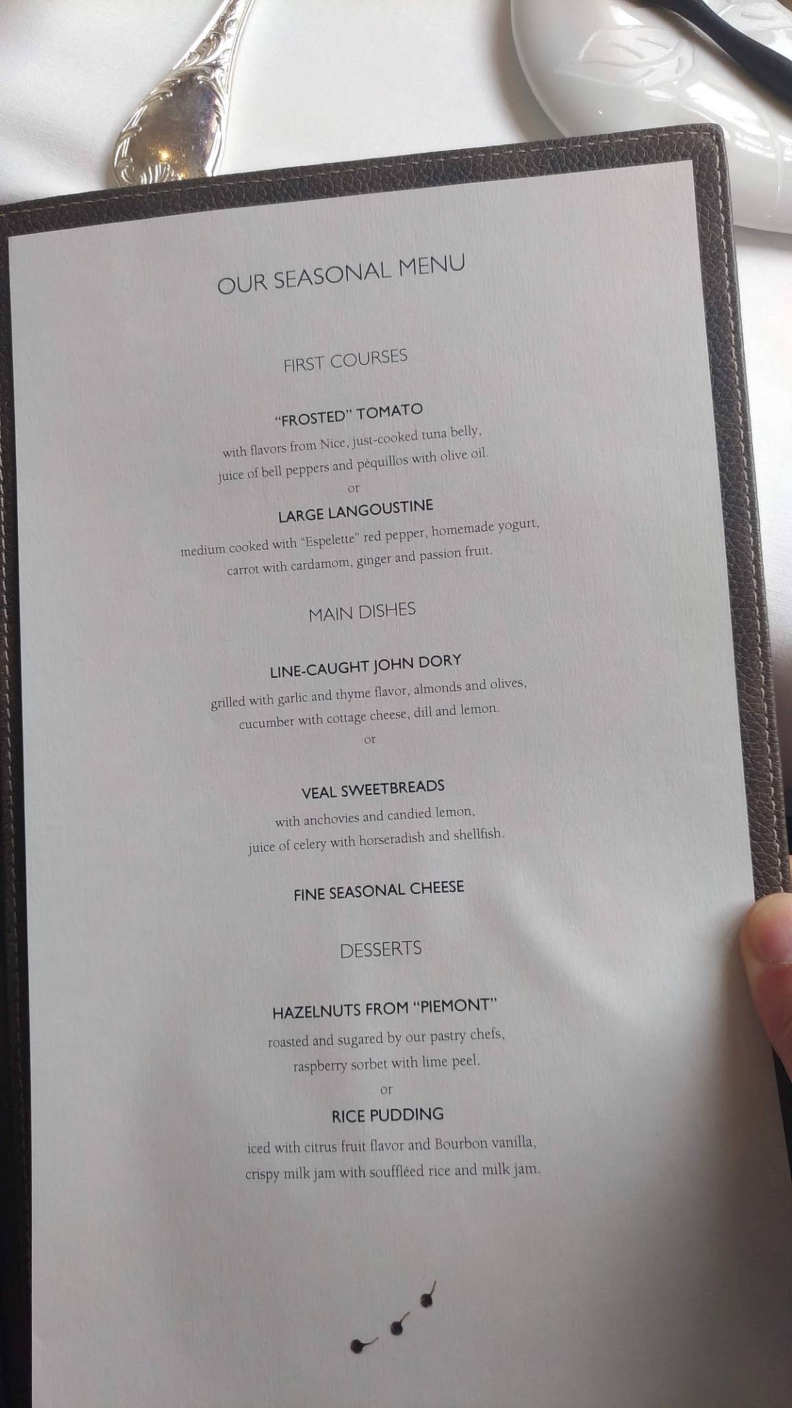 Menu at Epicure restaurant, Paris, 112 Rue du Faubourg Saint-Honoré