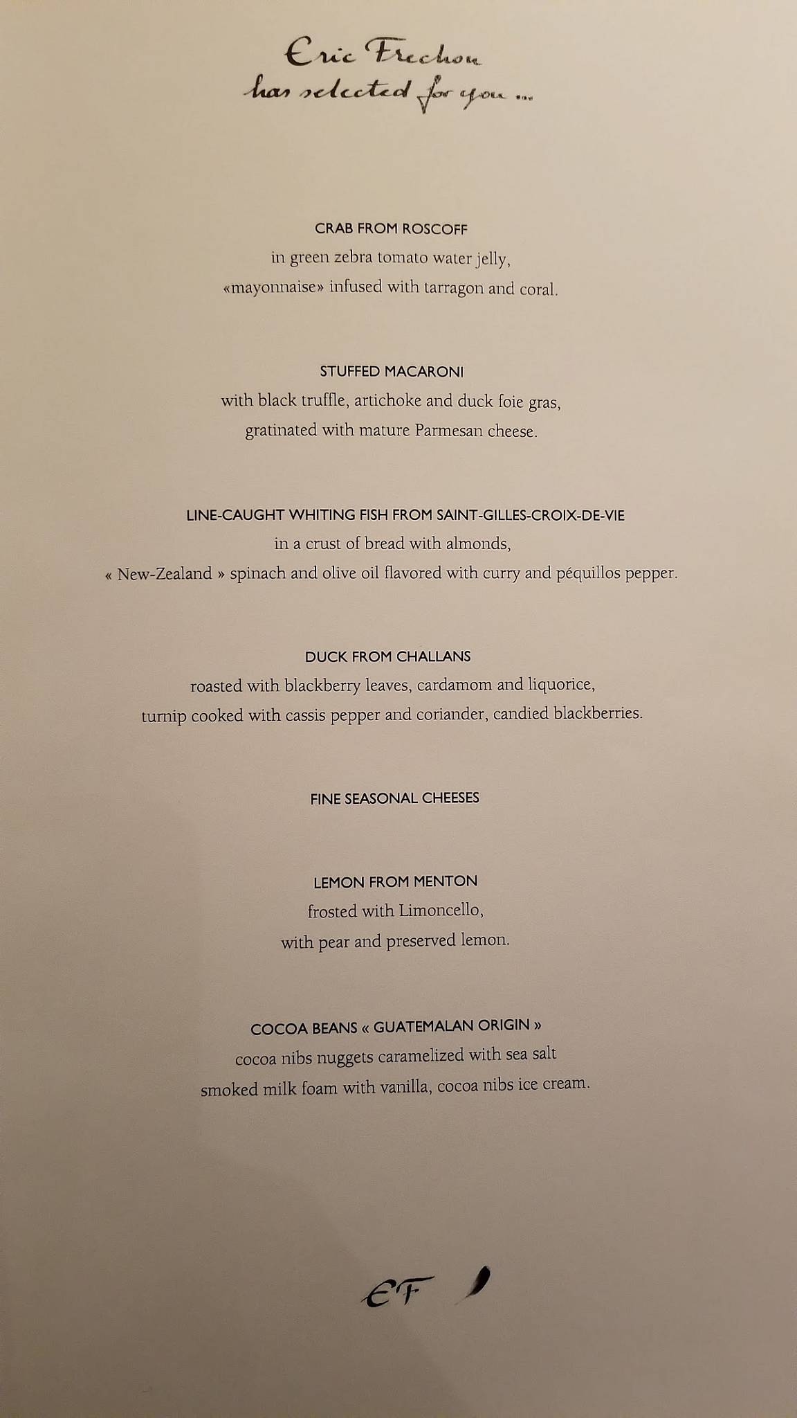 Menu at Epicure restaurant, Paris, 112 Rue du Faubourg Saint-Honoré
