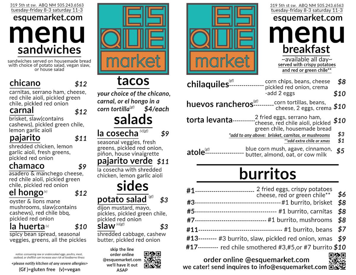 Menu at Es Que Market cafe, Albuquerque