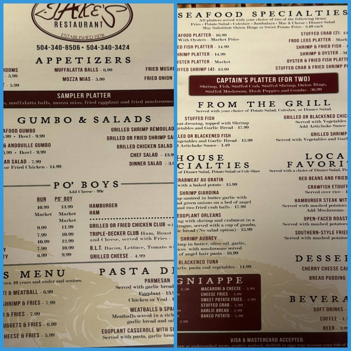 Menu at Jake's Seafood & Restaurant, Marrero