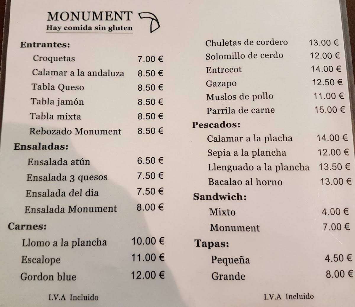 Carta del restaurante Eu Monument, Pollensa