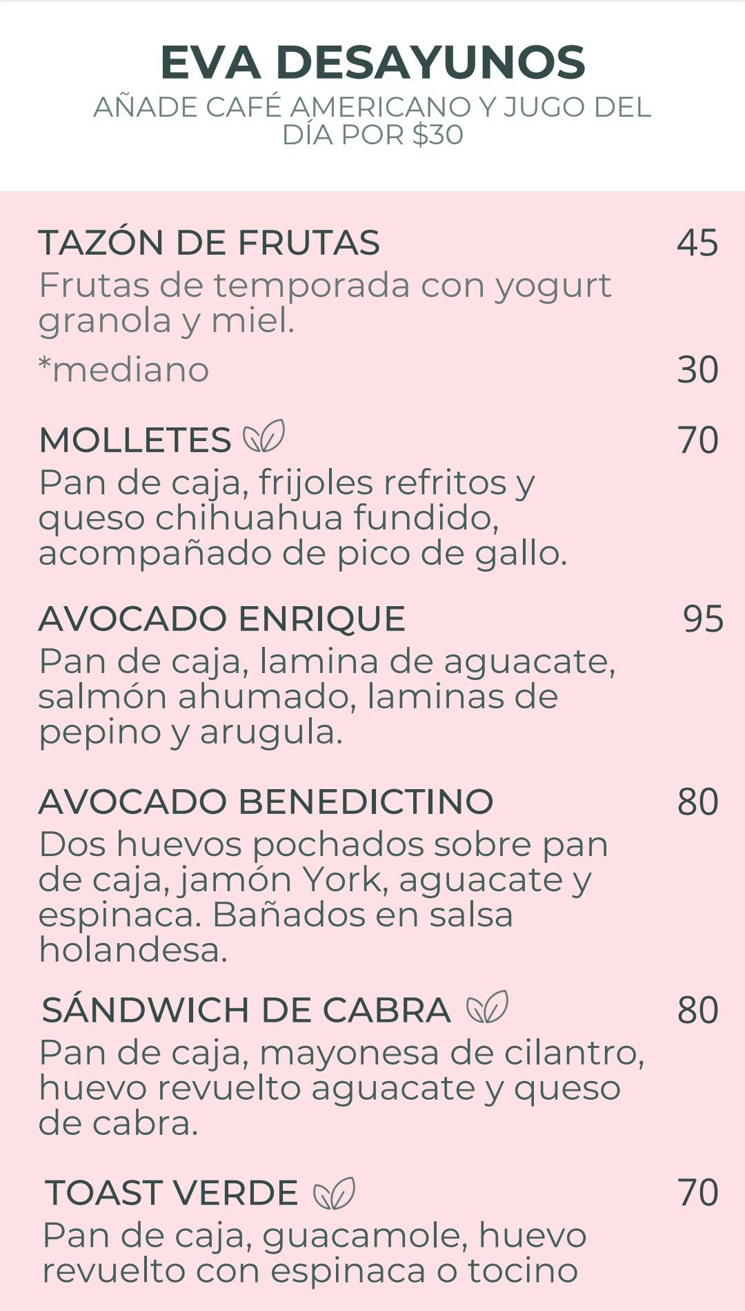 Carta del restaurante Eva Sandwichería, Ciudad del México, Alfonso Reyes 81