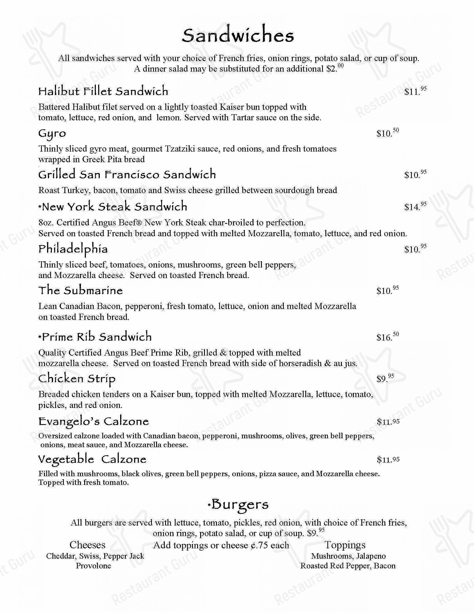 Menu at Evangelo's Restaurant, Wasilla, E Parks Hwy