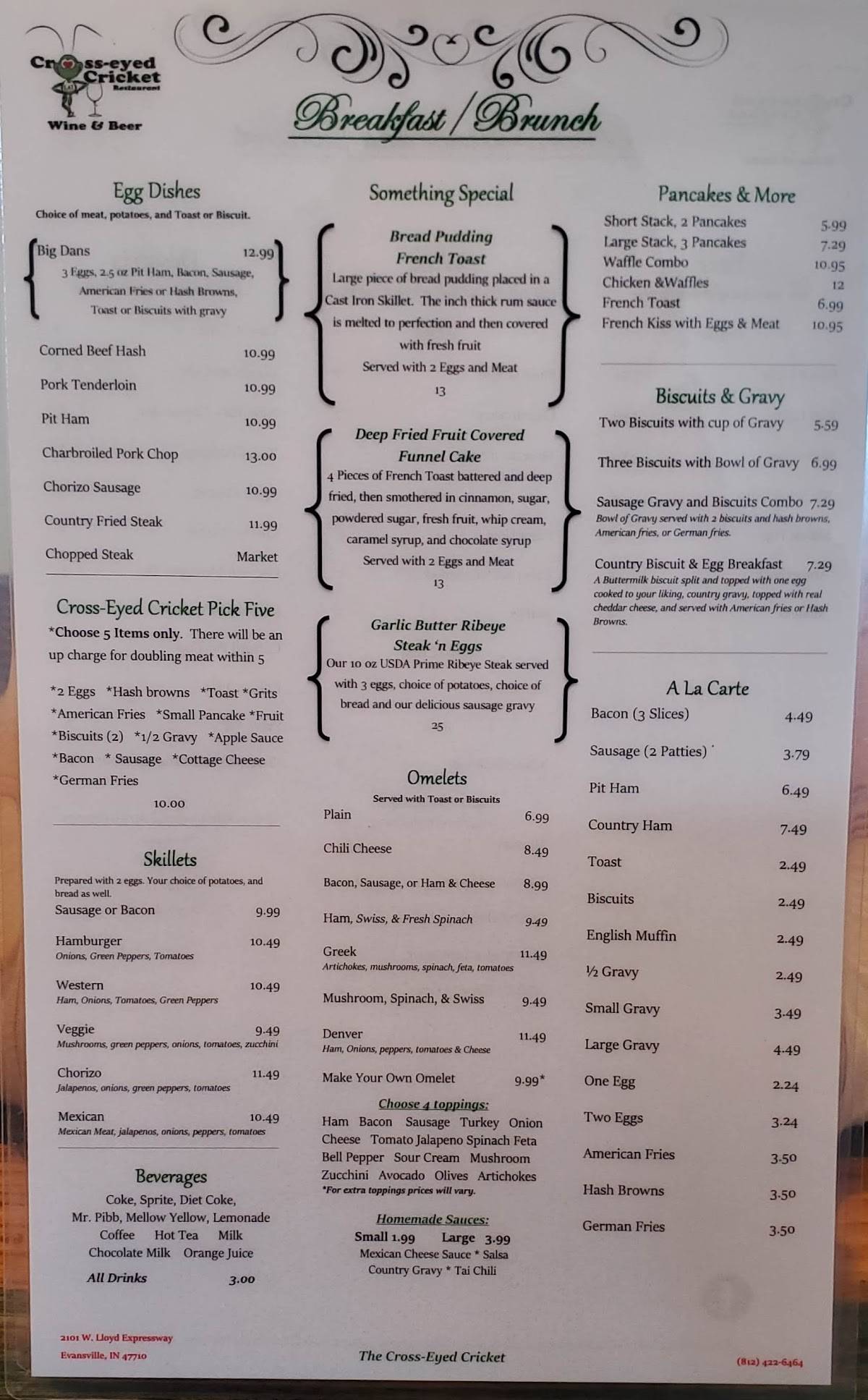 Menu at Cross-Eyed Cricket Family Restaurant, Evansville