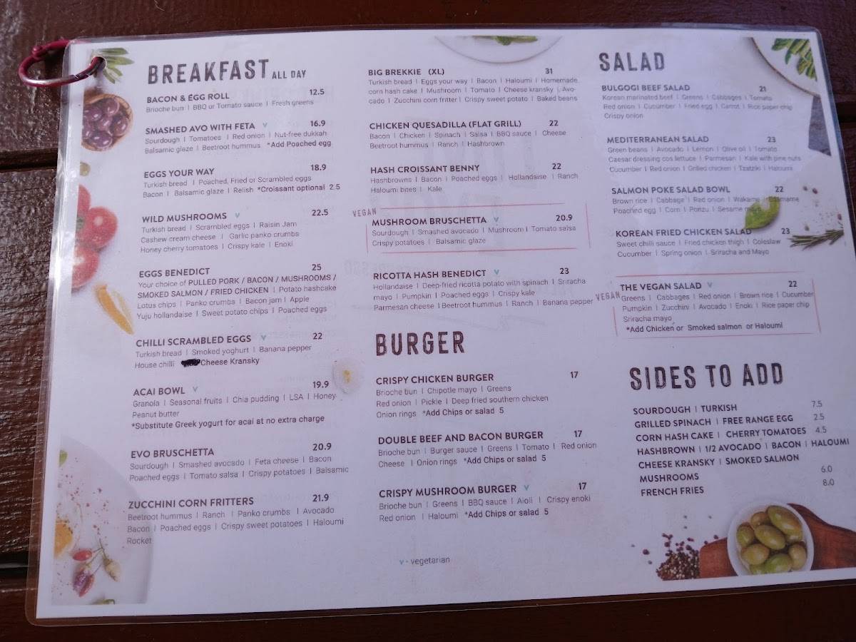 Menu at Evo Cafe, Yeronga