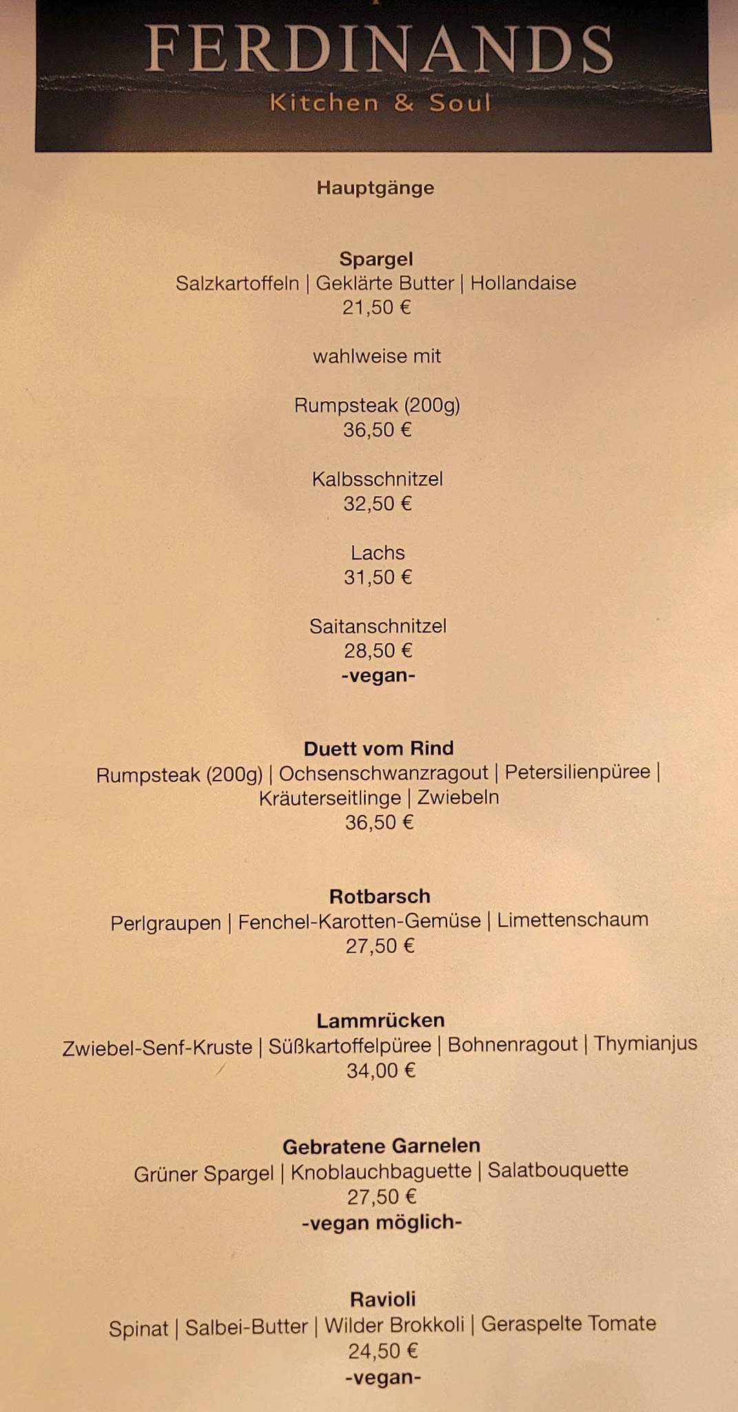Speisekarte von Ferdinands Restaurant, Wolfsburg