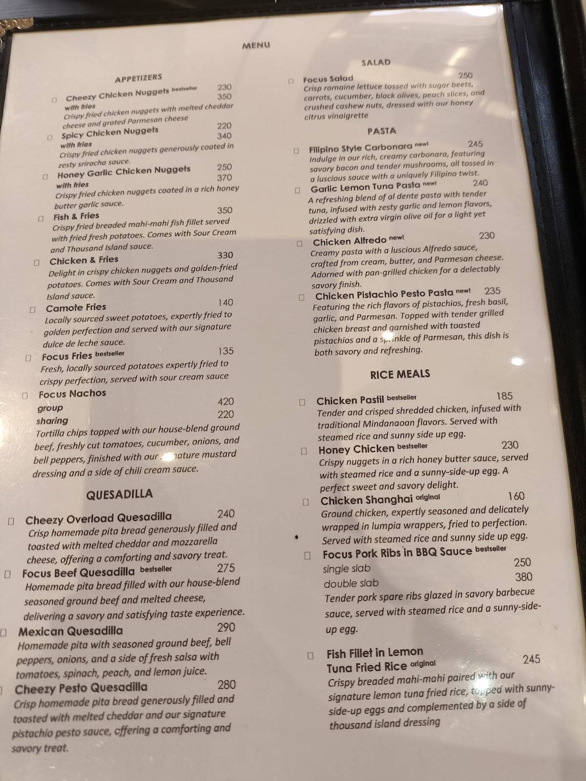 Menu at FOCUS Work and Study Friendly Cafe, Baguio