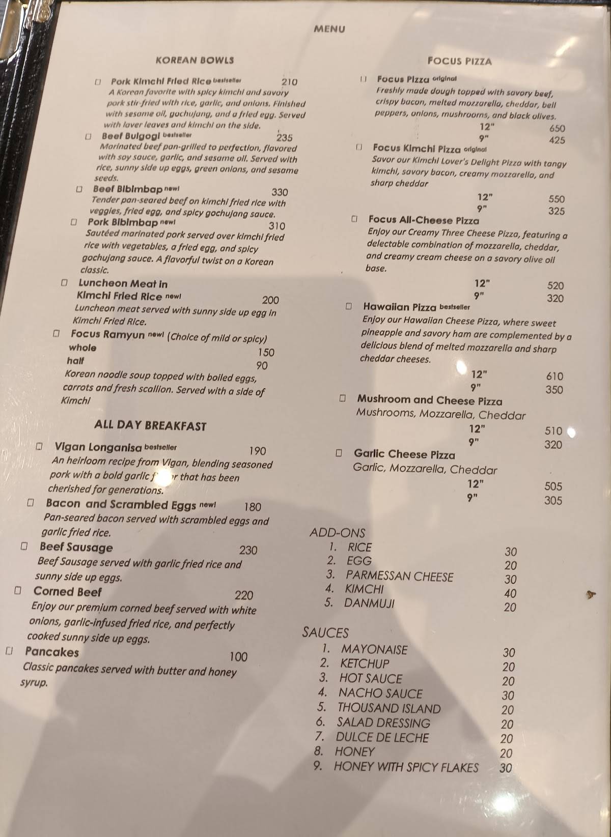 Menu at FOCUS Work and Study Friendly Cafe, Baguio