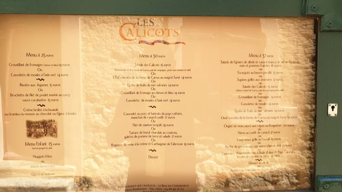 Menu au Les Calicots restaurant, Fabrezan