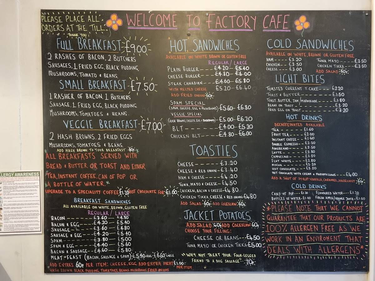 Menu at Factory Cafe, Barnoldswick