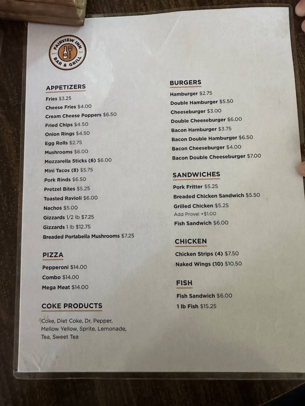 Menu at Fairview Inn pub & bar, Fairview Heights, Old Lincoln Trail