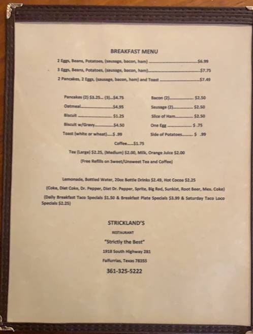 Menu at Stricklands Restaurant, Falfurrias, US-281