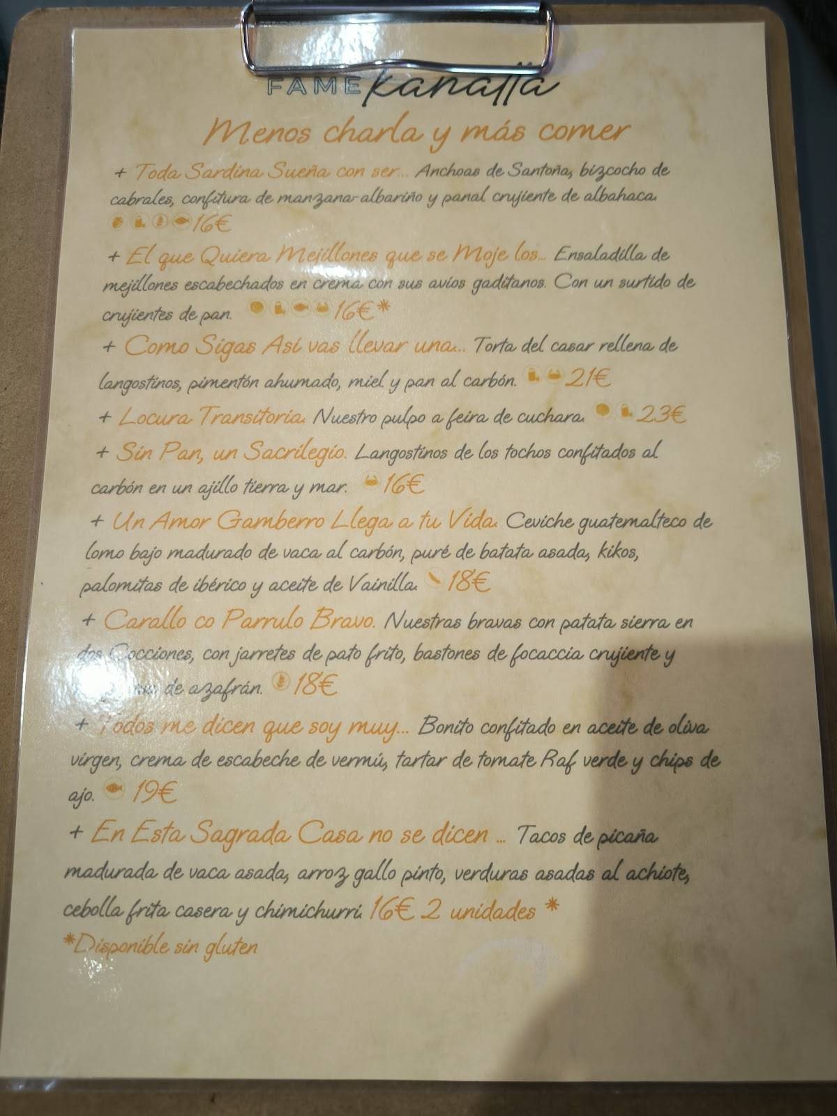 Menu at Fame Kanalla restaurant, Narón