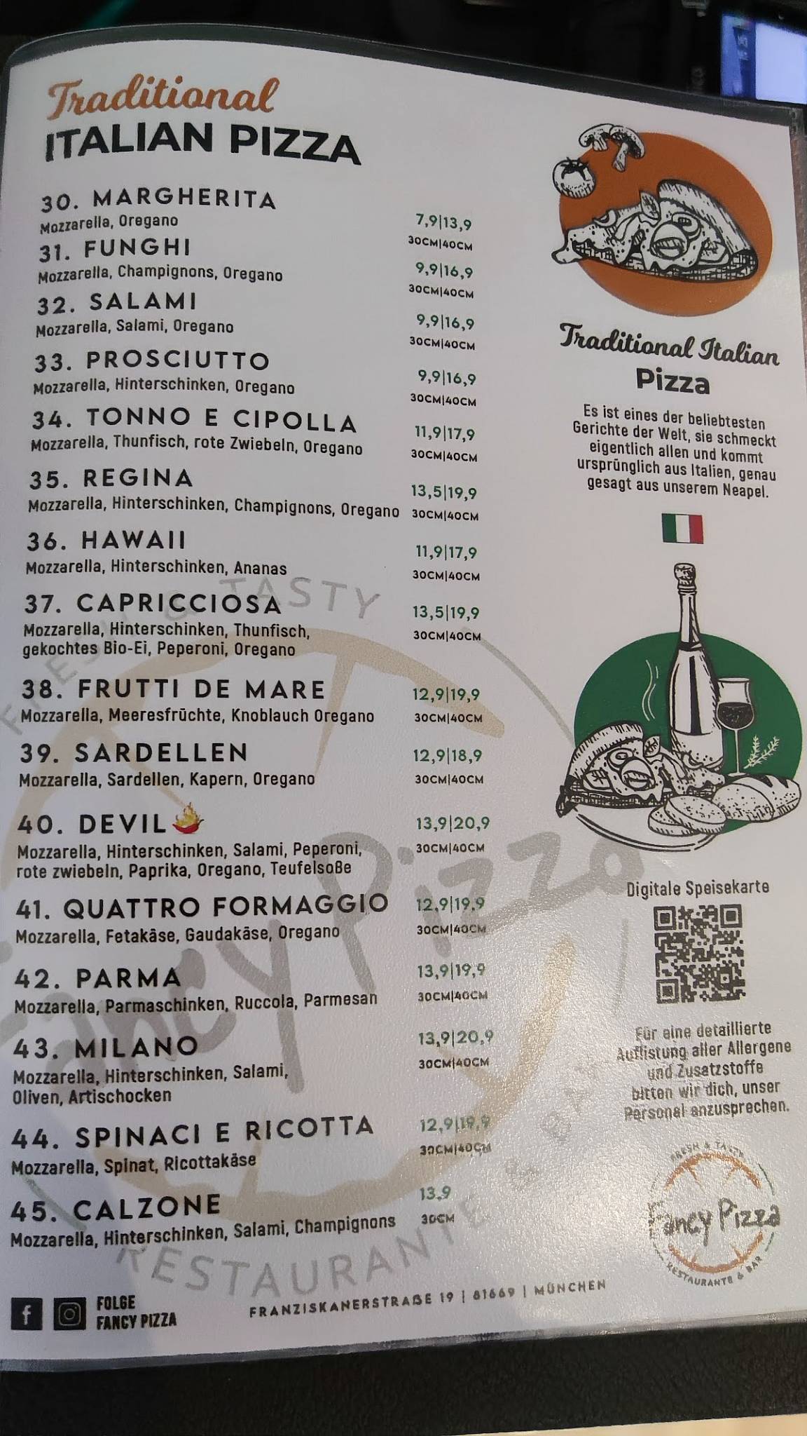 Menu at Fancy Pizza München, Munich
