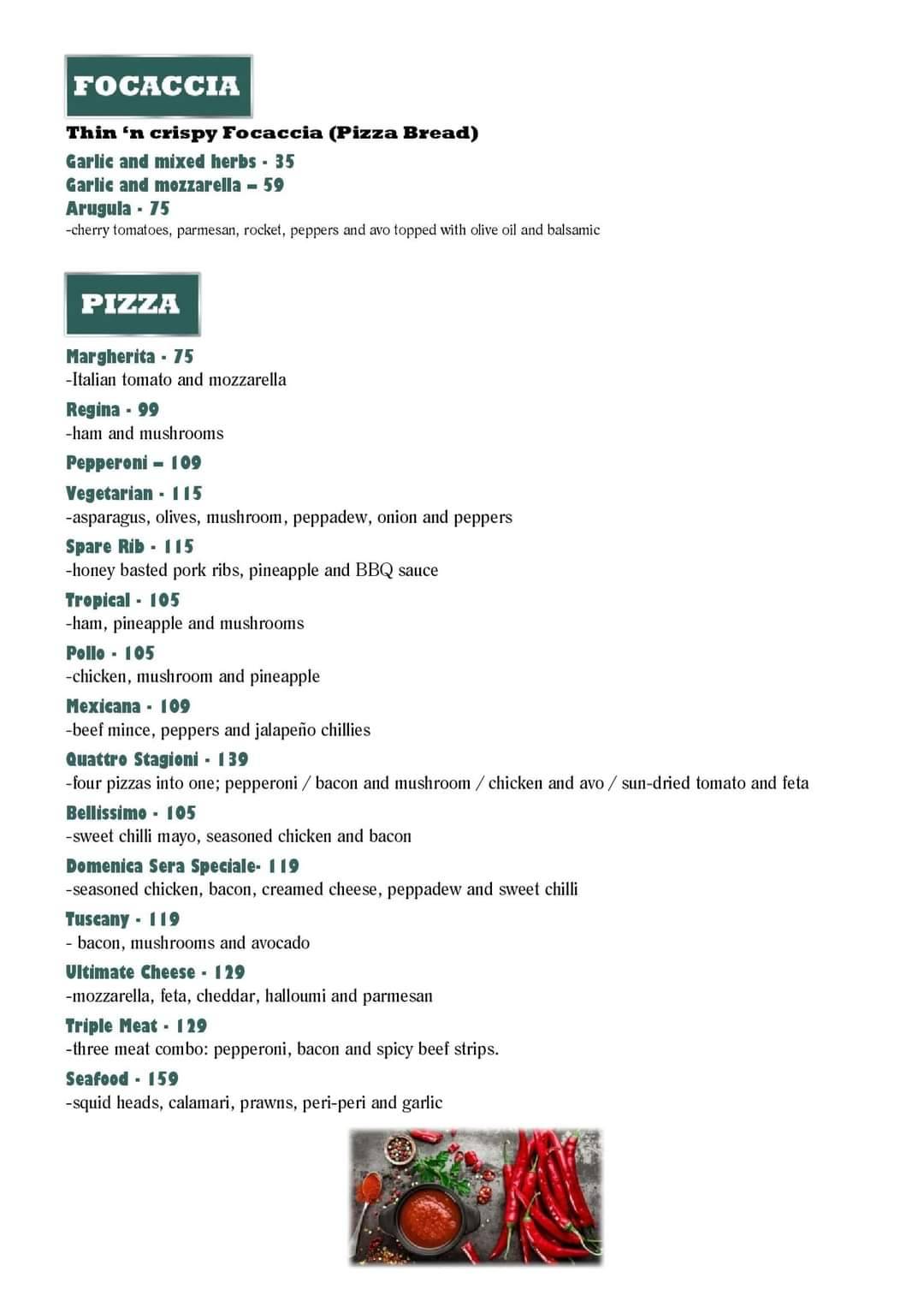Menu at Fandangos restaurant, Vereeniging