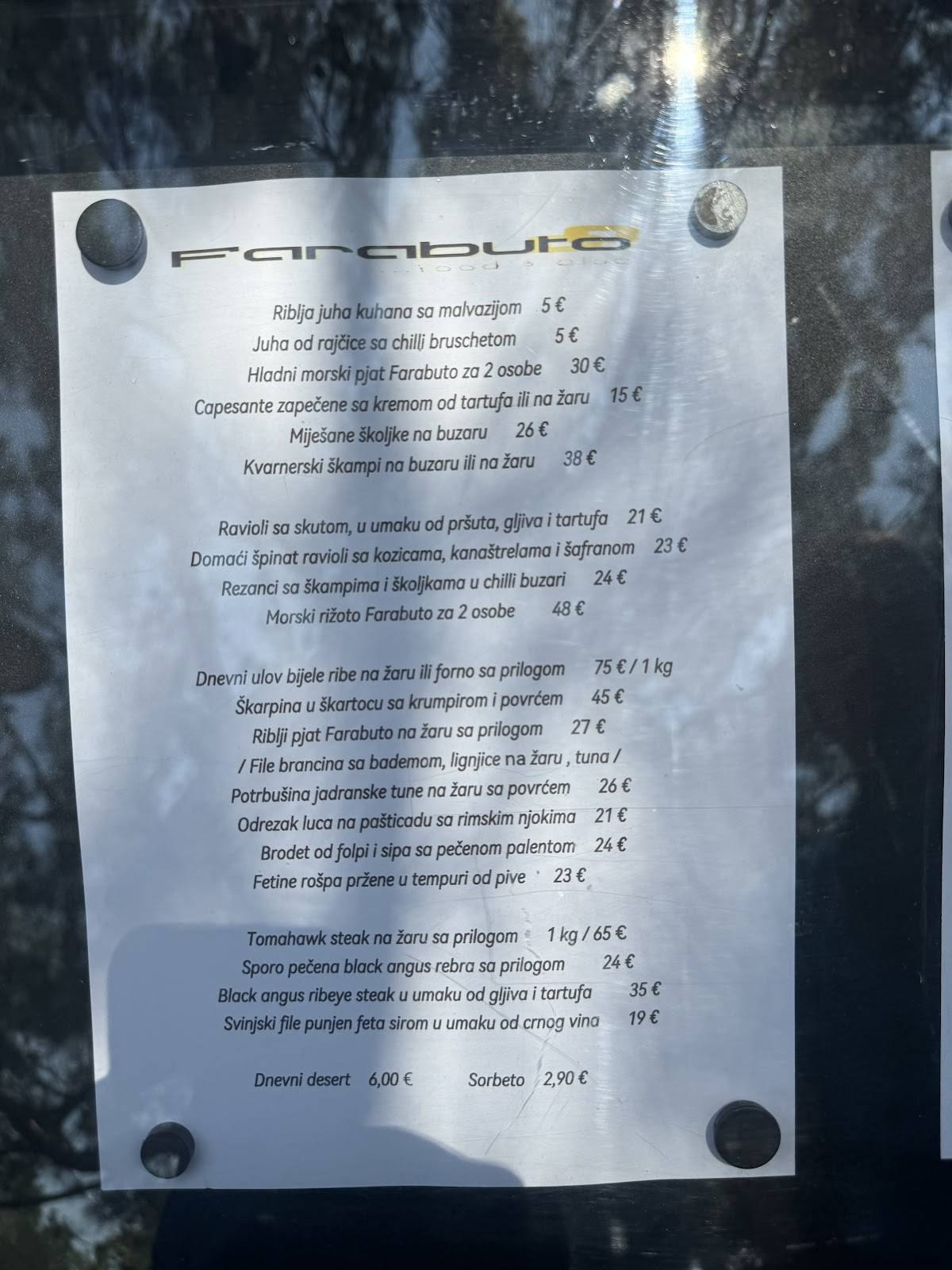 Menu at Farabuto restaurant, Pula